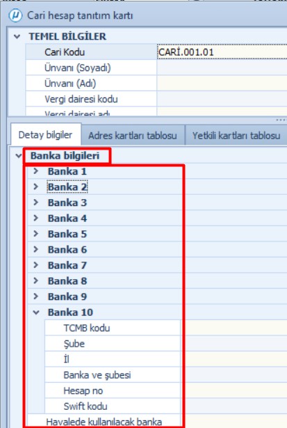 Cari Hesap Tanıtım Kartı'ndaki "Banka Bilgileri" Sekmesinde Yer Alan Parametreler Nasıl ...